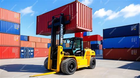 Reach Stacker Lifting And Stacking Shipping Containers At A Container Terminal Premium Ai