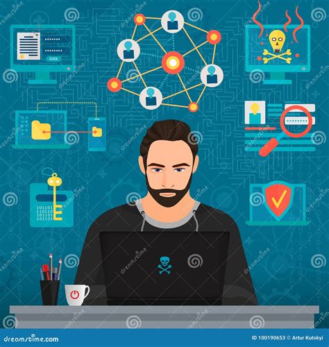 Vector Illustration Of Bearded Coder Hacker Thoughtful Man Thinking At Table Stock Vector