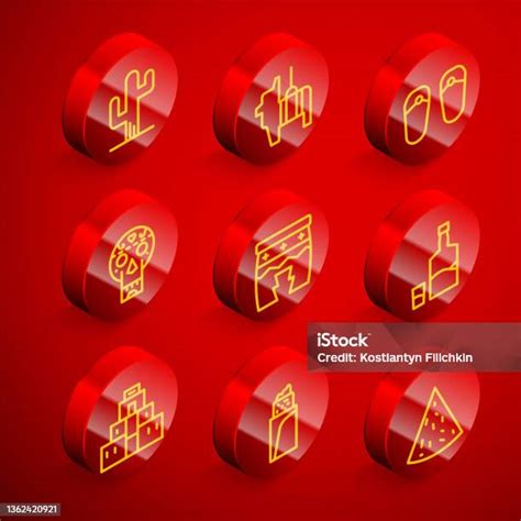 세트 라인 선인장 피나타 플립 플롭 멕시코 두개골 Huehuetl 테킬라 병과 유리 치첸 이차 마야와 부리토 아이콘 벡터 3차원