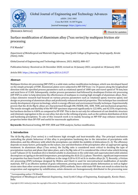 Pdf Surface Modification Of Aluminium Alloy 7xxx Series By Multipass Friction Stir Processing