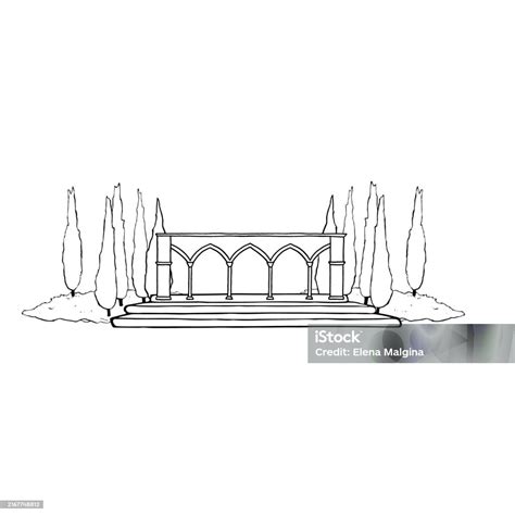 골동품 주랑 와 계단 와 사이프러스 나무 풍경 와 예루살렘 선 벡터 일러스트 레이 션 템플 마운트 흑인과 백인 이탈리아 로마 건축 양식으로 심플한 평면 스타일의 기둥이