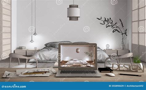 Architect Designer Desktop Concept Laptop On Wooden Work Desk With Screen Showing Interior