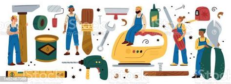 작은 수리 사람들 만화 계약자 캐릭터 건물 도구 작업복을 입은 작업자는 망치 또는 펜치를 들고 있습니다 전문 팀 스크루