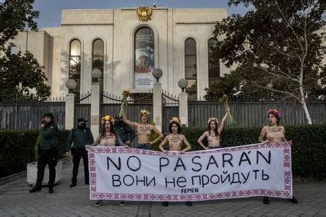 Topless Protesters March On Russian Embassy Against Putins Brutal