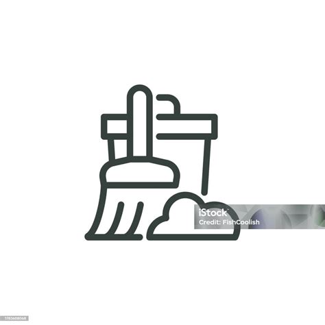얇은 윤곽선 아이콘 빗자루 쓰레기통과 쓰레기통 더미 근처의 베솜 쓰레기통 청소 쓰레기 청소 청소와 같은 라인 기호 벡터 컴퓨터 픽토그램 화이트 배경 편집 가능한 스트로크