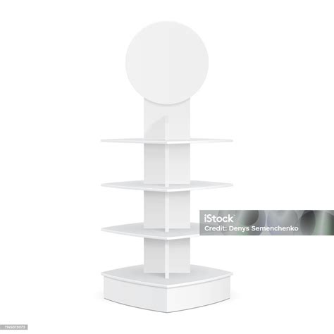 흰색 배경에 고립 된 선반 제품 슈퍼마켓 빈 빈 디스플레이 대 한 화이트 라운드 Pos Poi 마분지 바닥 디스플레이 랙 디자인을 위한 준비 제품 포장 벡터 Eps10 3