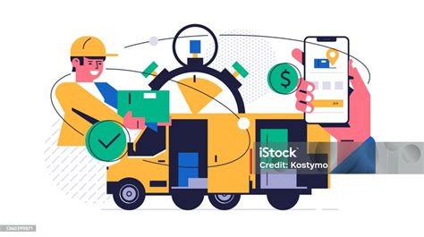 온라인 소포 배달 서비스 개념 모바일 앱 개념 손에 들고 전화와 소포 배달 응용 프로그램 디스플레이에 행복한 택배는 트럭에서 주문상자를 넘겨 그림 가공의 인물에 대한 스톡