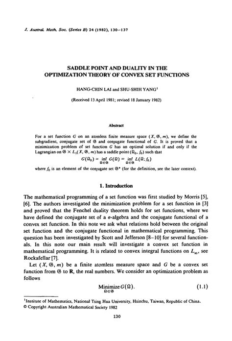 Pdf Saddle Point And Duality In The Optimization Theory Of Convex Set Functions
