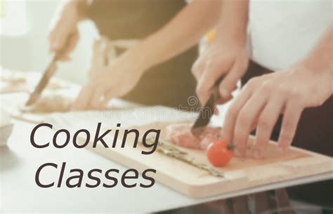Cooking Classes Blurred View Of Man Cutting Meat On Wooden Board At
