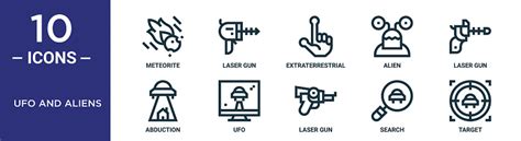 Ufo 및 외계인 개요 아이콘 세트에는 얇은 선 운석 외계인 레이저 총 Ufo 검색 대상 보고서 프리젠 테이션 다이어그램 웹 디자인을위한 납치 아이콘이 포함됩니다 0명에