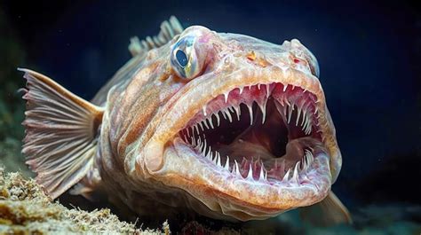 Closeup Of A Fangtooth Fish With Its Mouth Open Revealing Its Sharp