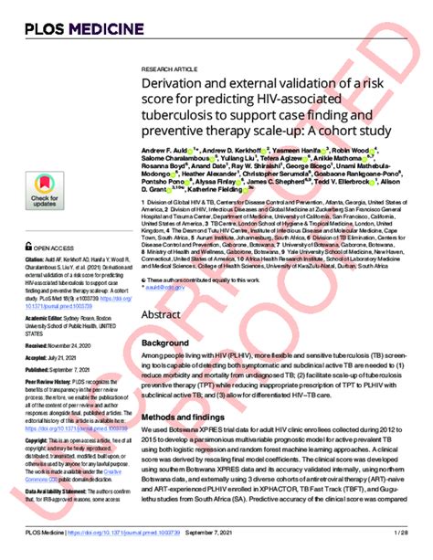 Pdf Derivation And External Validation Of A Risk Score For Predicting Hiv Associated