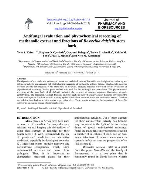 Pdf Antifungal Evaluation And Phytochemical Screening Of Methanolic Extract And Fractions Of