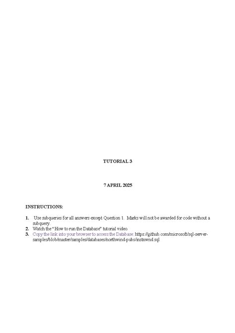 Tutorial 3 Sql Subqueries Instructions And Questions 7 Apr 2025 Studocu