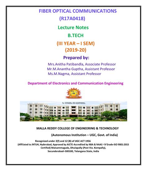 Fiber Optical Communications Fiber Optical Communications R17a0418 Lecture Notes B Iii Year