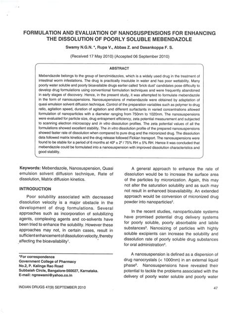 Pdf Formulation And Evaluation Of Nano Suspensions For Enhancing The Dissolution Of Poorly