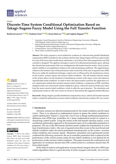 Pdf Discrete Time System Conditional Optimization Based On Takagi Sugeno Fuzzy Model Using The