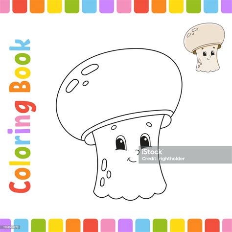 아이들을위한 색칠 공부 책 버섯 샴비뇽 쾌활한 캐릭터 벡터 그림입니다 귀여운 만화 스타일입니다 어린이를위한 판타지 페이지입니다 블랙 윤곽 실루엣 흰색 배경에 격리 0명에