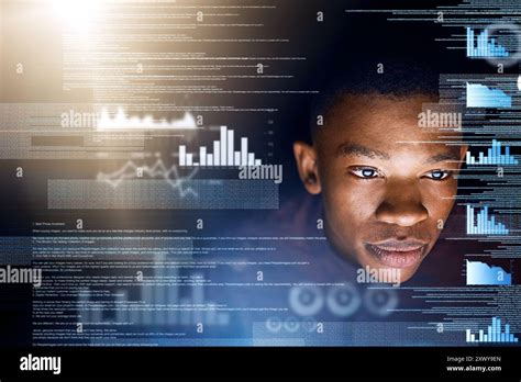Black Man Data And Analytics With Overlay For Future Development Statistics Or Dashboard