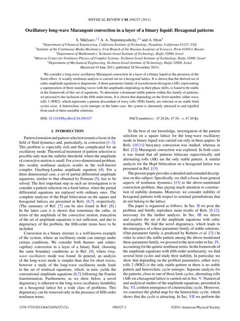 Pdf Oscillatory Long Wave Marangoni Convection In A Layer Of A Binary Liquid Hexagonal Patterns
