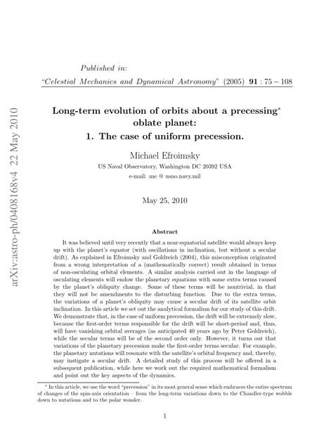 Pdf Long Term Evolution Of Orbits About A Precessing Oblate Planet 1 The Case Of Uniform