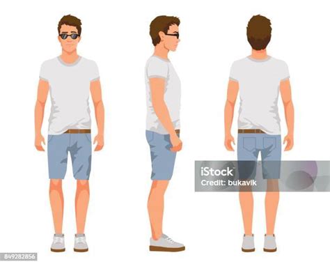 벡터 일러스트 캐주얼 여름 옷에서 세 남자의 현실적인 사람들 Illustartion 만화 가벼운 T셔츠 데님 반바지와 스 니 커