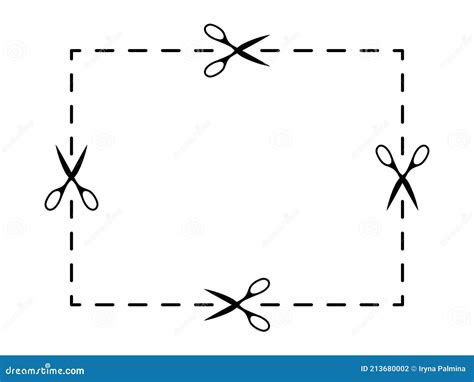 scissors cut dotted rectangle template black sharp tools geometrically separate sheet of paper