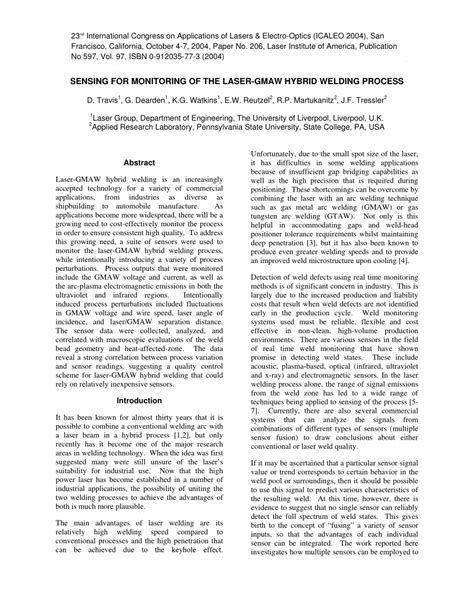 Pdf Sensing For Monitoring Of The Laser Gmaw Hybrid Welding Process