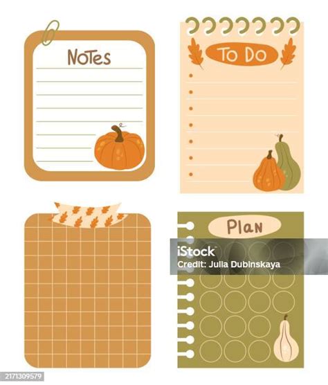 벡터 가을 아늑한 종이 노트 통 스티커 일기 주간 또는 일일 플래너 할 일 목록 노트북 주최자 계획 목표를 위한 귀여운 메모