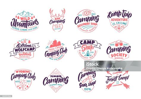 빈티지 캠핑 엠블럼과 스탬프 세트 컬러 캠프 숍 야외 배지 템플릿 및 스티커 개체 그룹에 대한 스톡 벡터 아트 및 기타 이미지