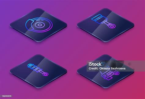 캘리퍼 쇼크 흡수기 엔진 피스톤 및 자동차 서비스를 갖춘 등도측정 라인 자동차 브레이크 디스크를 설정합니다 파란색 정사각형 버튼 벡터 3차원 형태에 대한 스톡 벡터 아트 및