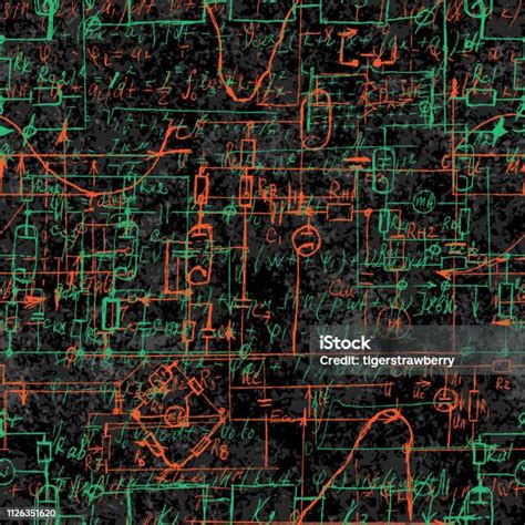 필기 수학 및 실제 수식 전자 부품 회로도와 회로 소자의 과학적인 완벽 한 배경 초 크 보드에 전기 패턴입니다 벡터입니다 개발에 대한 스톡 벡터 아트 및 기타 이미지