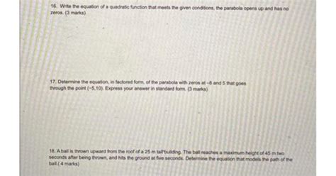 Solved 16 Write The Equation Of A Quadratic Function That