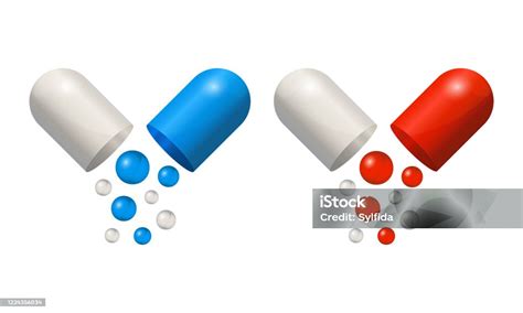 캡슐 아이콘 3d 현실적인 파란색과 빨간색 알약 흰색 배경에 격리 오픈 의료 캡슐의 떨어지는 착색 된 작은 공 벡터 3차원 형태에 대한 스톡 벡터 아트 및 기타 이미지