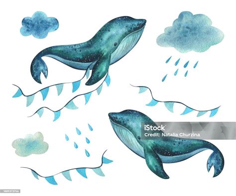 아기 고래가 바다 위를 헤엄치고 구름과 빗방울 사이에 깃발 화환을 들고 하늘을 날고 있습니다 손으로 그린 어린이 수채화 그림입니다 흰색 배경에 고립된 개체 집합입니다 갈란드