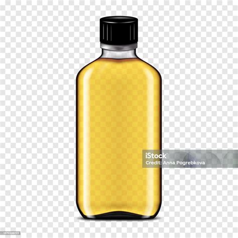 투명 배경 벡터 모형에 액체로 채워진 투명 병 검은 나사 캡이있는 유리 또는 플라스틱 용기는 사실적인 모형 디자인용 템플릿 병에
