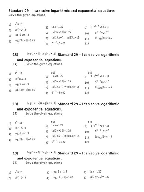 solve exponential and logarithmic equations practice assignment pdf