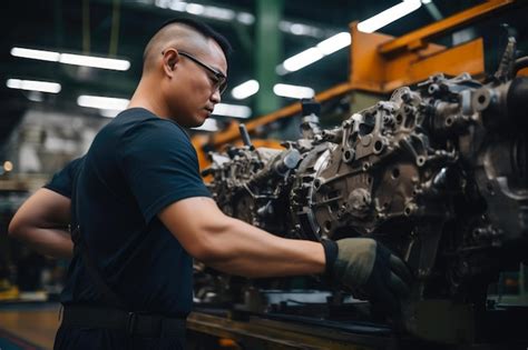 Premium Photo Skilled Male Worker Inspecting Machinery In A Manufacturing Plant