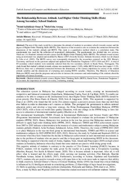Pdf The Relationship Between Attitude And Higher Order Thinking Skills Hots Among Secondary