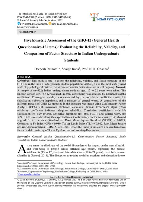 Pdf Psychometric Assessment Of The Ghq 12 General Health Questionnaire 12 Items Evaluating