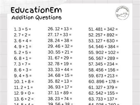 75 Maths Addition Questions 1 Digit 2 Digit And 3 Digit Addition With