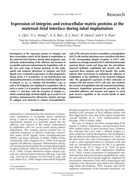 Pdf Expression Of Integrins Extracellular Matrix Proteins At The Maternal Fetal Interface