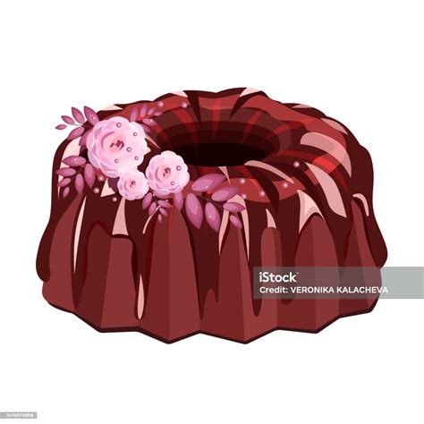 흰색 배경에 격리된 분홍색 장미와 나뭇잎으로 장식된 초콜릿 생일 케이크 휴일 디자인 엽서에 사용 하는 디저트의 벡터 그림입니다 갈색에 대한 스톡 벡터 아트 및 기타 이미지