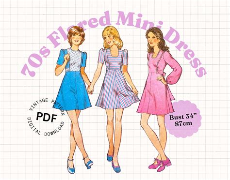 Sewing Pattern Pdf Vintage 70s Mini Dress Puff Sleeves Easy Retro Sewing Pattern Cute Dress