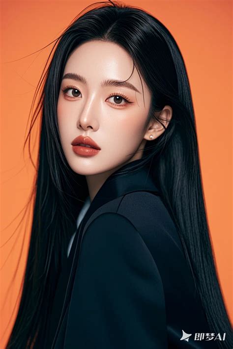 御姐，精致的五官，直发，皮肤白皙，素颜妆，头周围留空间，头占五分之二，顶级时尚杂志大片构图，光线跟踪，层次感，立体感，前景虚化，8k，青橙色背景，头发整洁，丁达尔光 1 花瓣网