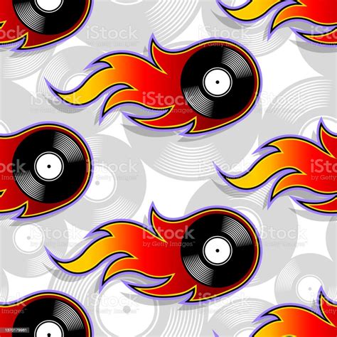 복고풍 빈티지 비닐 레코드 아이콘과 불꽃과 원활한 벡터 패턴 Dj에 대한 스톡 벡터 아트 및 기타 이미지 Dj 긁힌 디자인 Istock
