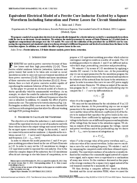 Equivalent Electrical Model Of A Ferrite Core Inductor Excited By A Square Waveform Including