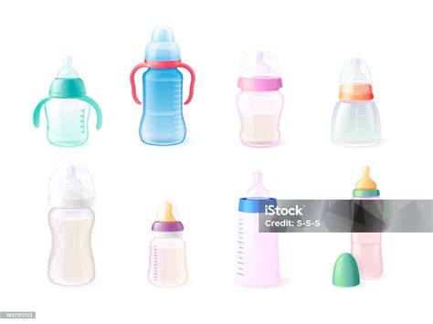 현실적인 젖병 젖꼭지와 아기 사료 병 유아 기쁨 우유 영양 컵 액체 측정 아기 케어 식품 용기 정확한 벡터 그림에 대한 신생아 제품 0명에 대한 스톡 벡터 아트 및 기타