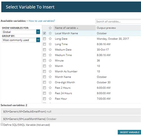 adding alert specific variables into an email generated by an alert in