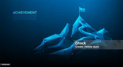 비즈니스 전략 산 성취 성공 기술 통하고 있는 파란 배경 목표 등반 경로로 가는 길 산악 임무 완료 개념에 깃발 벡터 일러스트 레이 션 와이어 프레임입니다 산에 대한 스톡